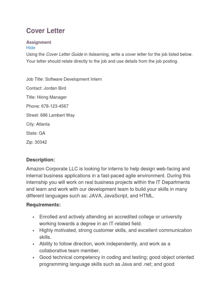 Cover Letter Assignment | PDF | Internship | Job Hunting