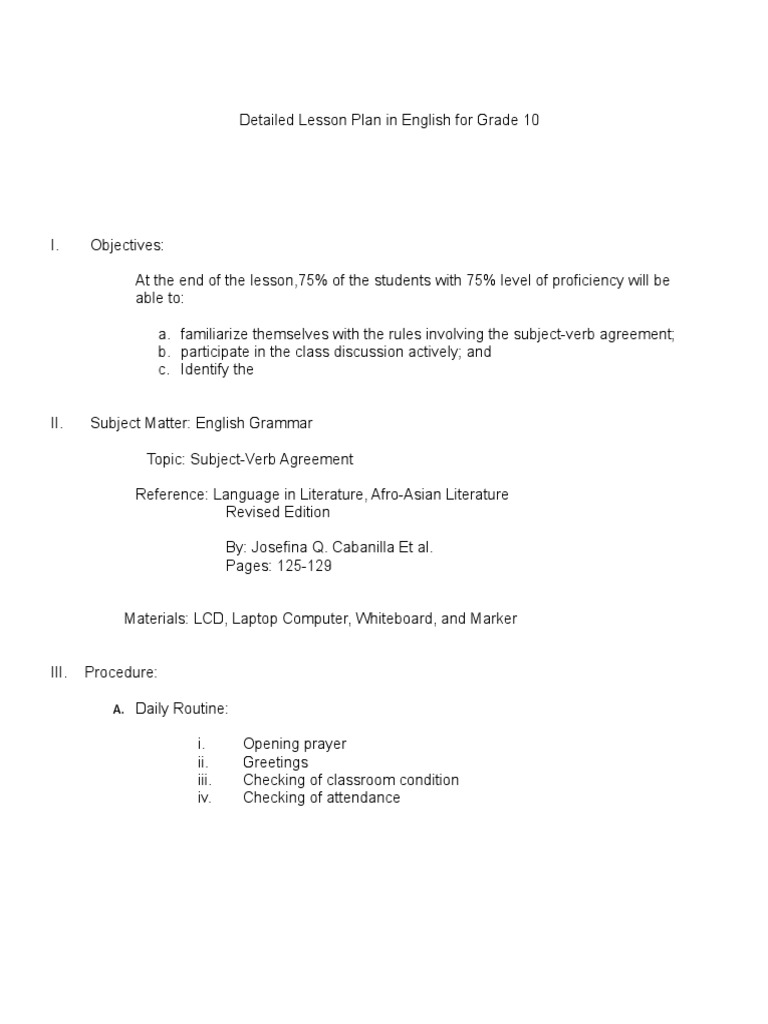 Subject Verb Agreement Lesson Plan | PDF | Grammatical Number | Subject ...