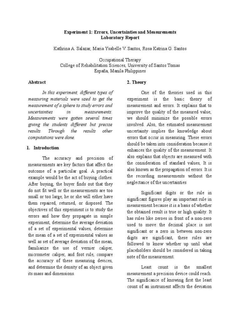 Experiment 1: Errors, Uncertainties and Measurements Laboratory Report ...