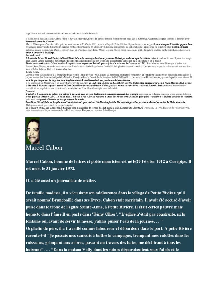 Marcel Cabon Mauritian Author | PDF | Maurice | Poésie