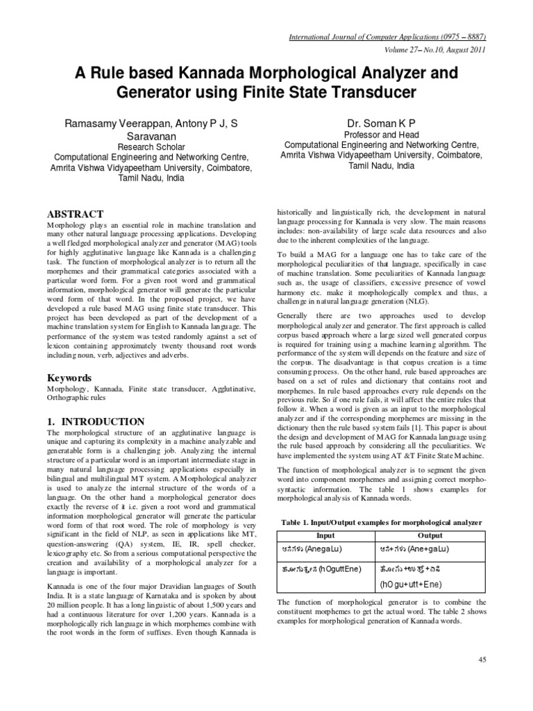 A Rule Based Kannada Morphological Analyzer and Generator Using Finite ...