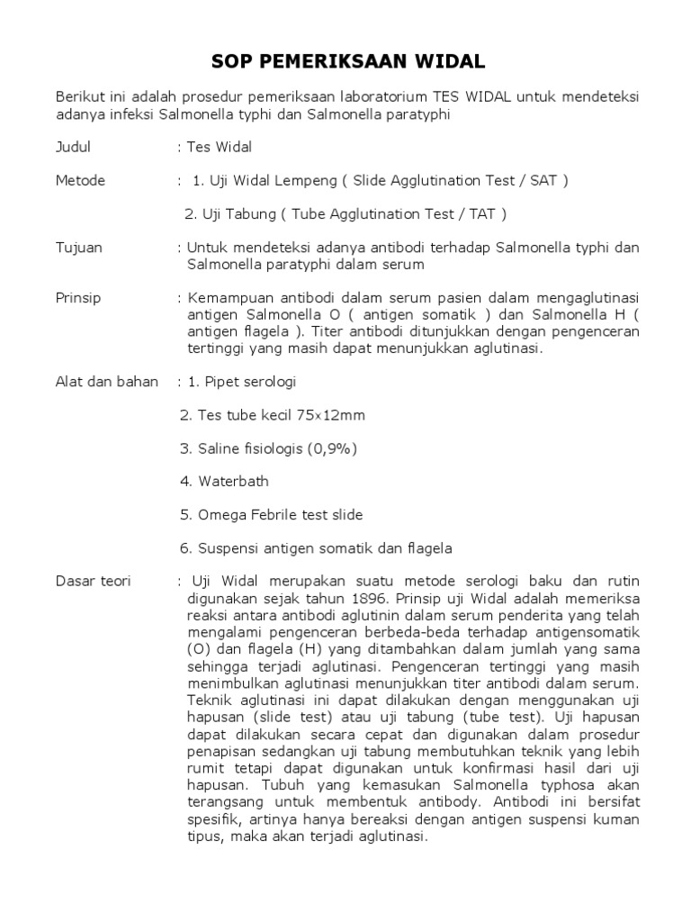 Sop Pemeriksaan Widal | PDF