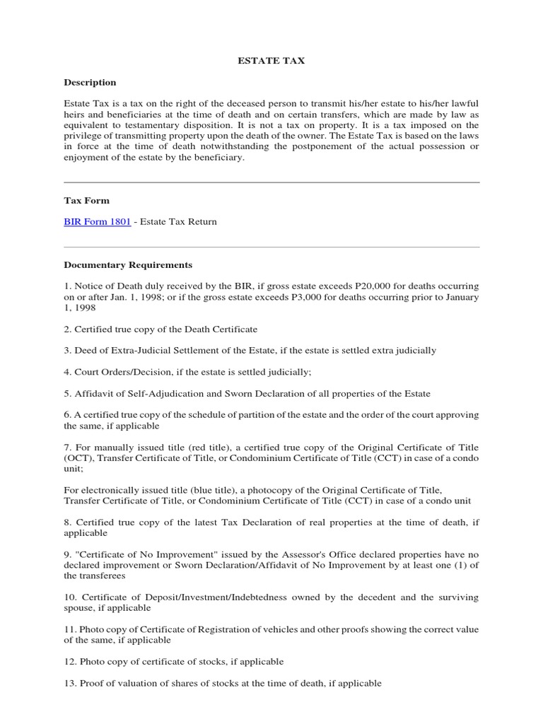 Estate Tax Description: BIR Form 1801 | PDF | Estate Tax In The United ...