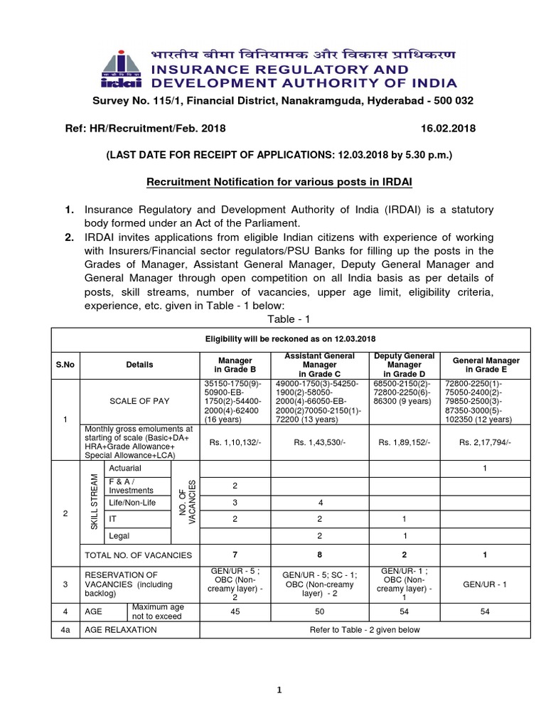 16.02.2018 - IRDAI Rectt Notification | PDF | Justice | Crime & Violence