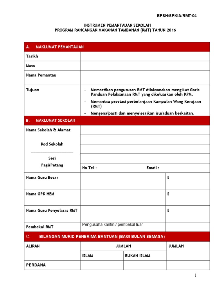 Instrumen Pemantauan RMT Sekolah - RMT2 | PDF