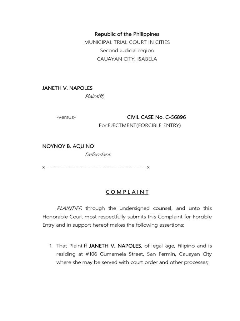 Complaint Forcible Entry | PDF | Lawsuit | Complaint