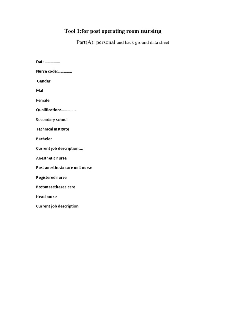 Tool 1:for Post Operating Room: Part (A) : Personal | PDF