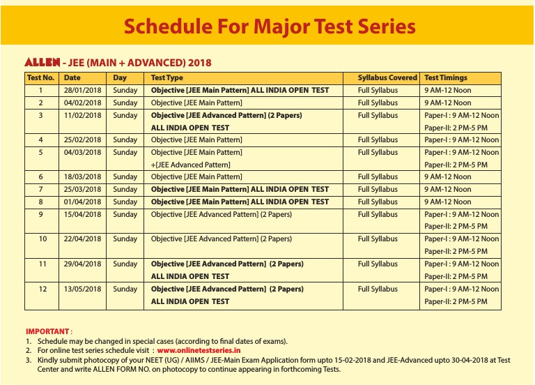 Schedule For Major Test Series: Allen - Jee (Main + Advanced) 2018 ...