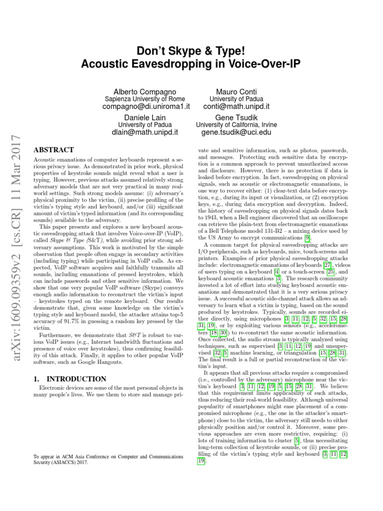 Acoustic Eavesdropping in Voice-Over-IP | PDF | Encryption | Computer Keyboard