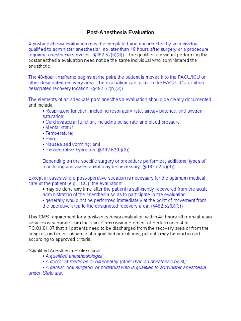 Post-Anesthesia Evaluation Guidelines | PDF | Anesthesia | Surgery
