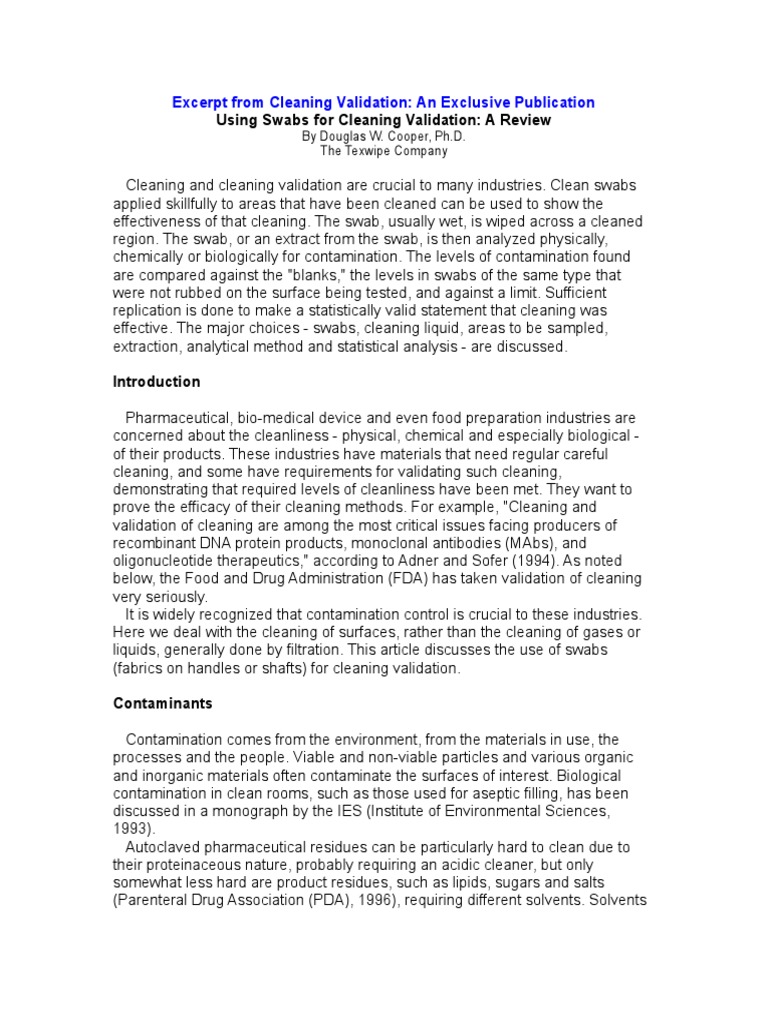 Using Swabs For Cleaning Validation | PDF | Verification And Validation ...