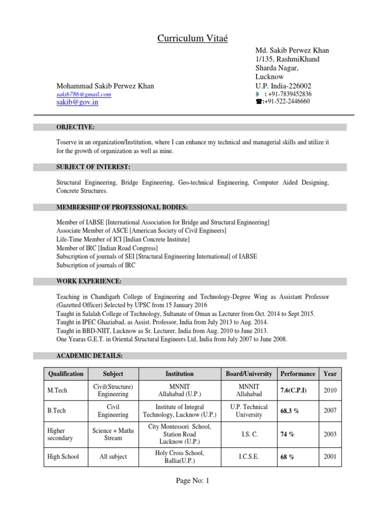Curriculum Vitaé: Md. Sakib Perwez Khan 1/135, Rashmikhand Sharda Nagar, Lucknow U.P. India ...