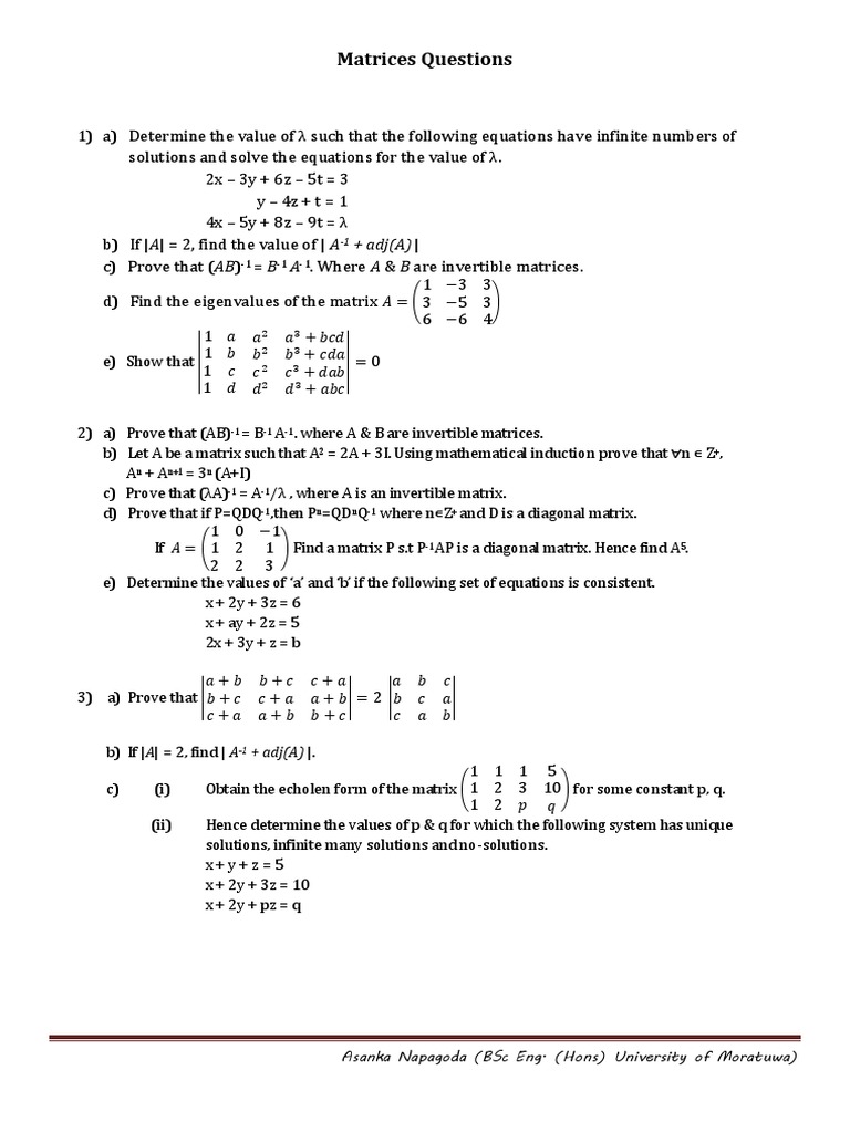 Matrices Questions: + Adj (A) - A | PDF