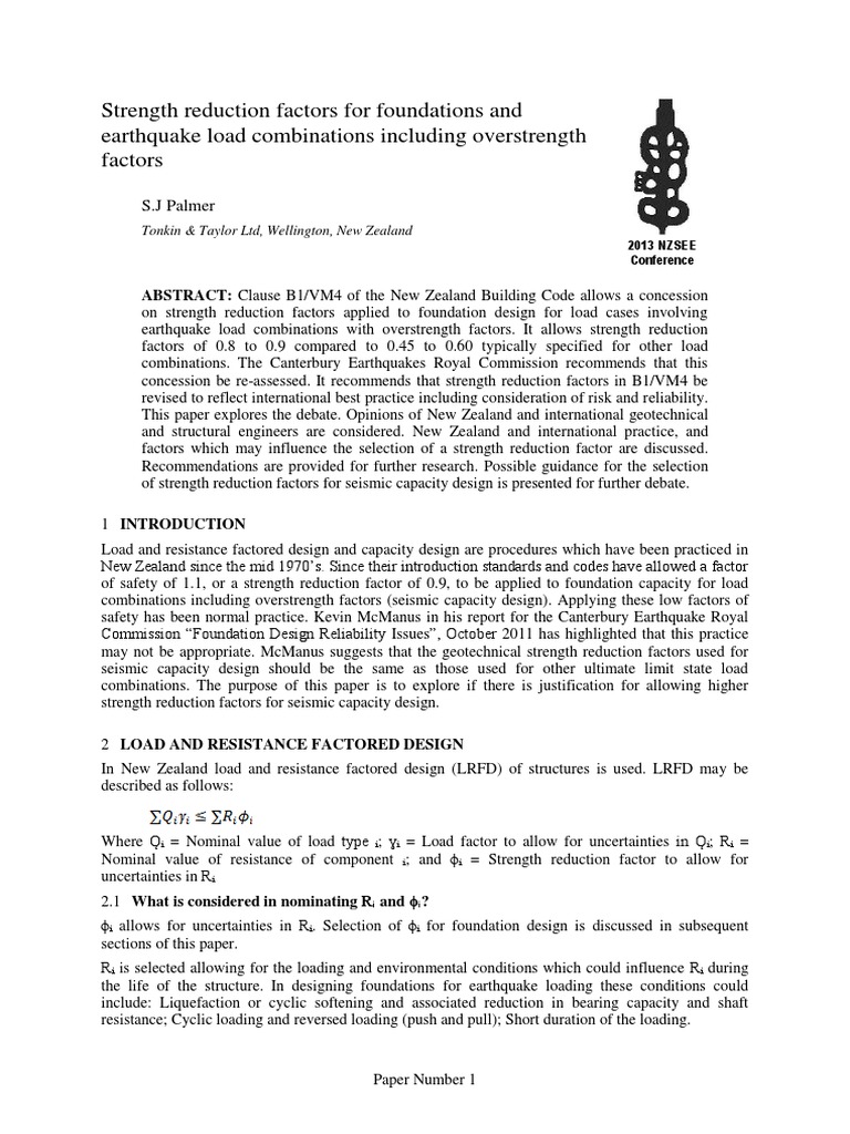 Strength Reduction Factors For Foundations and Earthquake Load ...