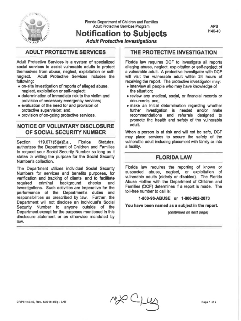 Adult Protective Investigations - Chronological Notes - Florida DCF | PDF