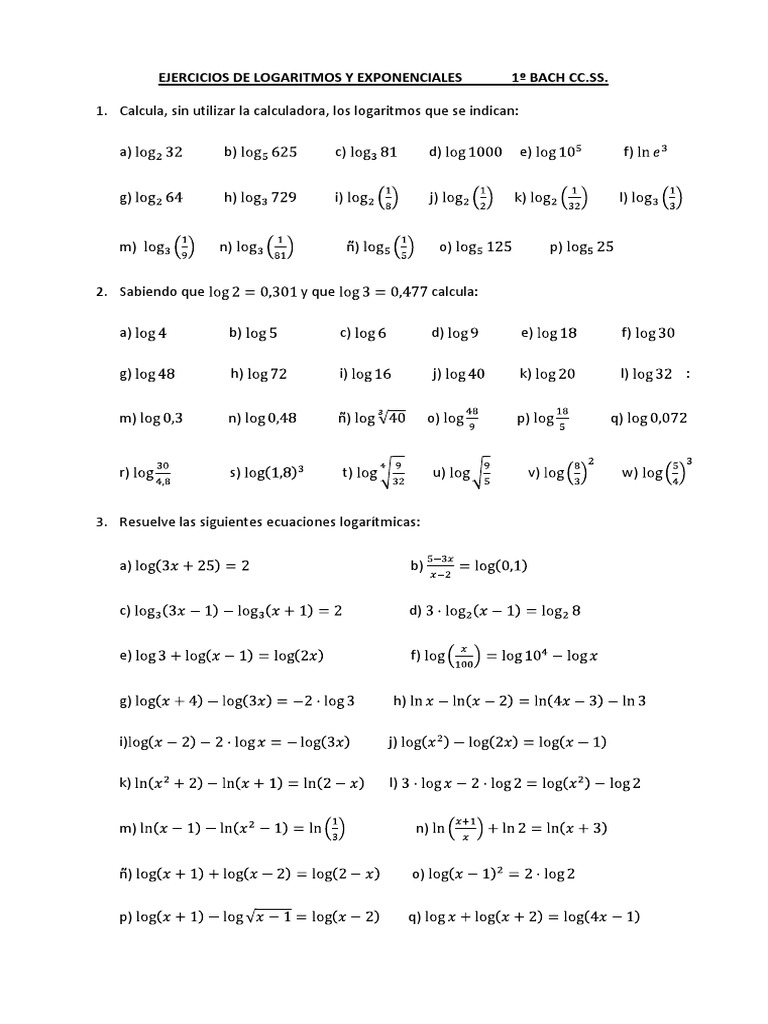 Hoja De Trabajo De Ecuaciones Logarítmicas