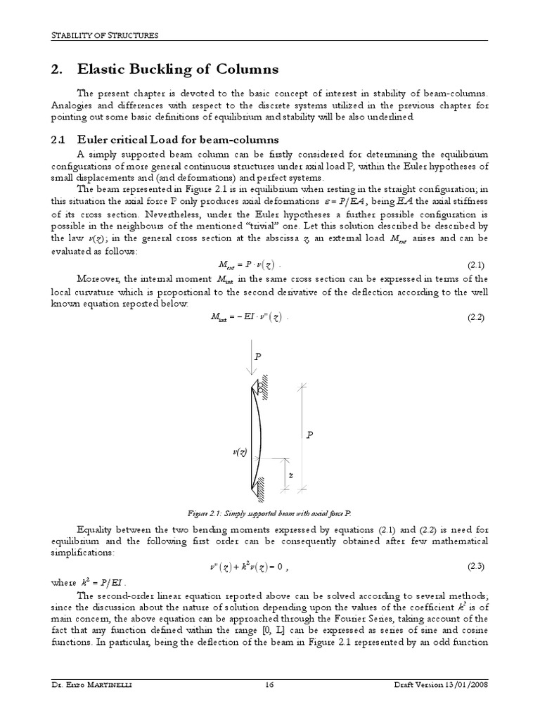 Elastic Buckling of Columns: 2.1 Euler Critical Load For Beam-Columns ...