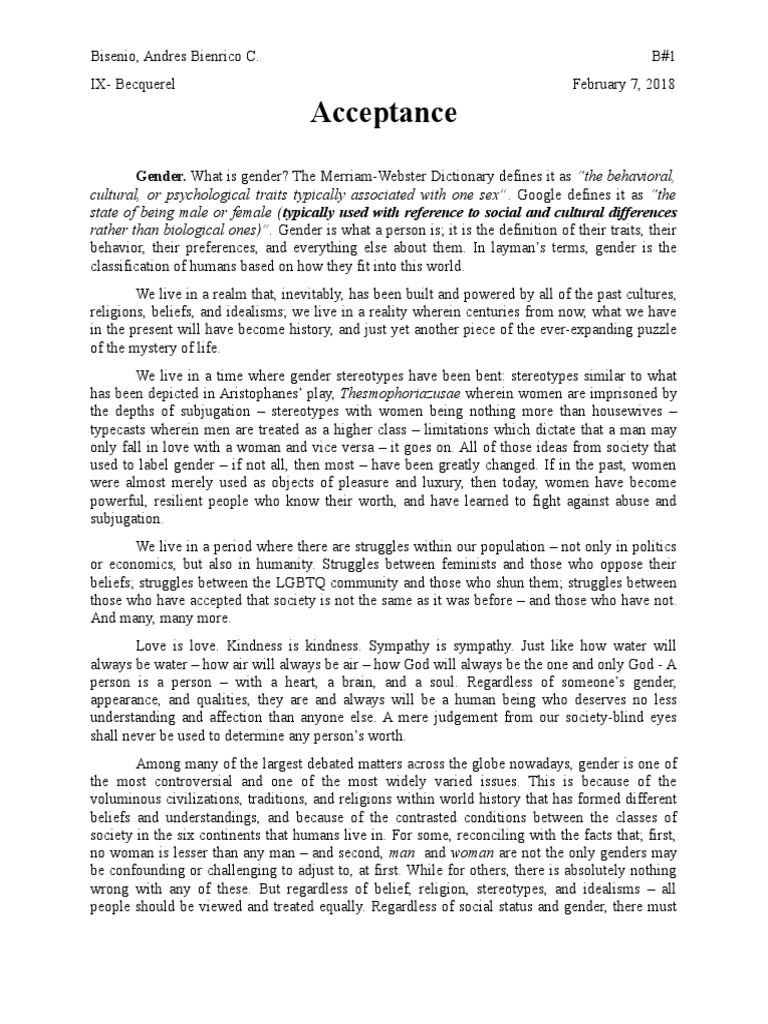 Acceptance: Gender. What Is Gender? The Merriam-Webster Dictionary ...