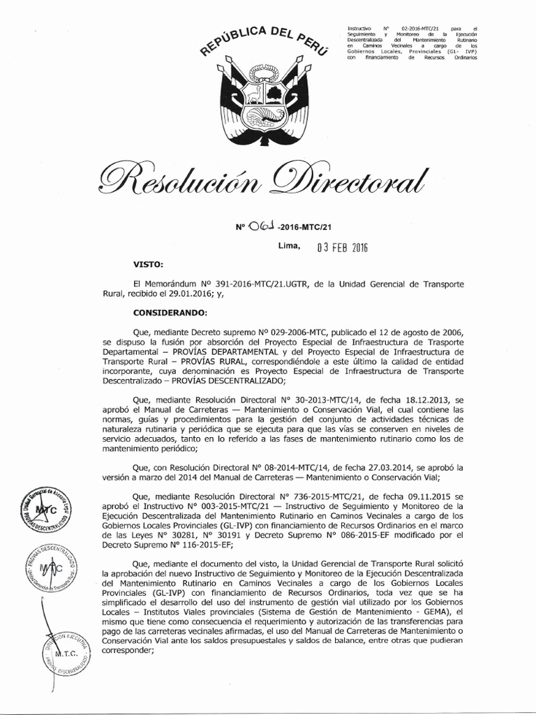 RD #061-2016-MTC-21 Instructivo Técnico PDF | PDF