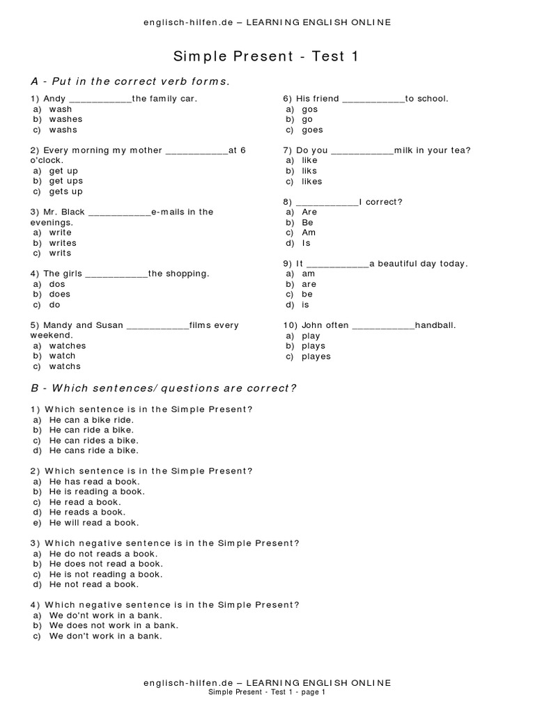 Simple Present - Test 1: A - Put in The Correct Verb Forms | PDF
