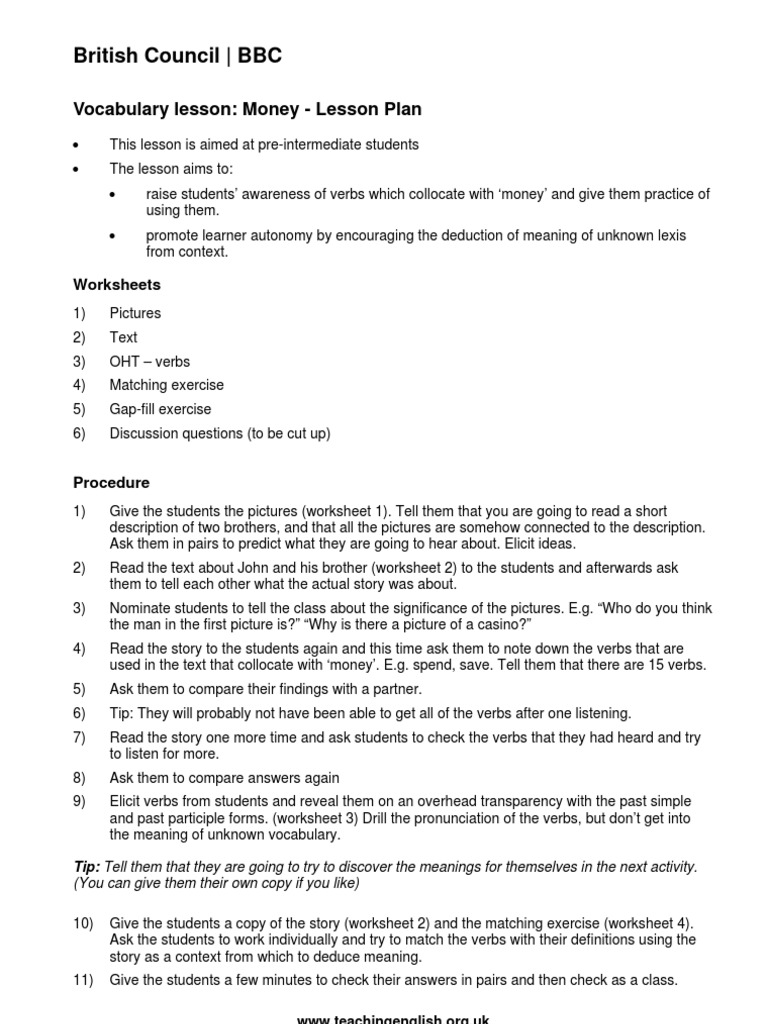 Money Vocabulary Lesson Plan | PDF | Lesson Plan | Linguistics