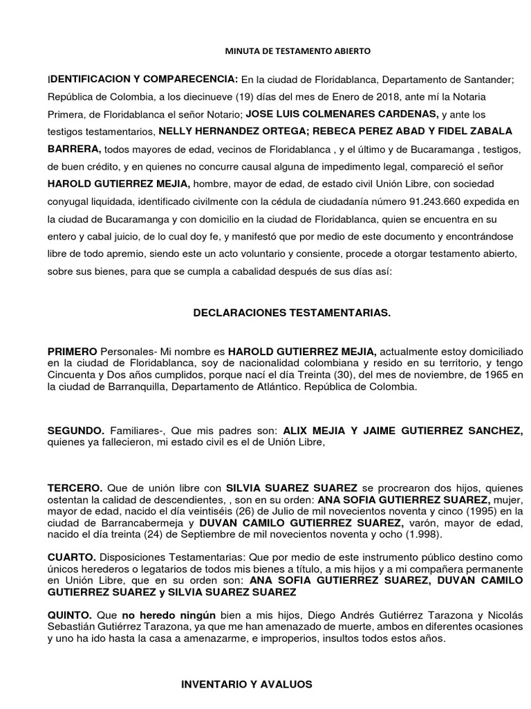 Minuta de Testamento Abierto | Voluntad y Testamento | Herencia