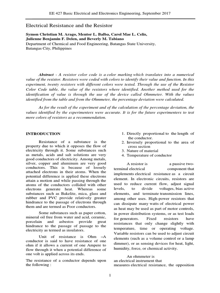 EE Lab Report | PDF | Electrical Resistance And Conductance | Resistor