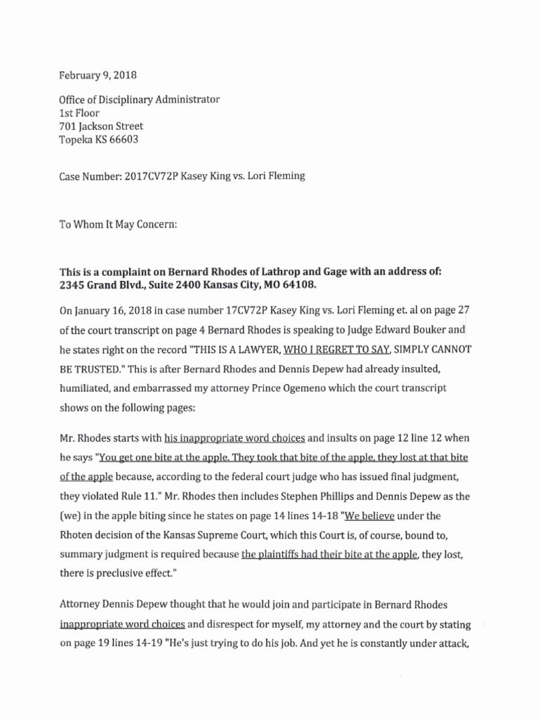 Complaint Against Kansas Attorney Bernard Rhodes of Lathrop Gage | PDF ...