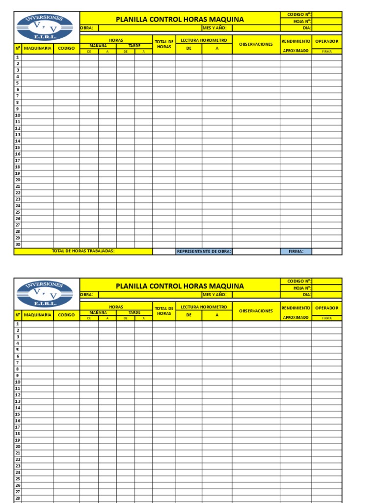 Planilla Control Horas Maquina: Mañana Tarde Aproximado