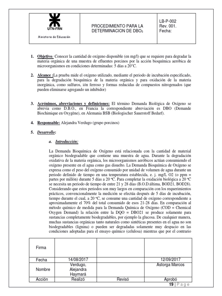 Procedimiento Dbo5 | PDF | Aguas residuales | Oxígeno