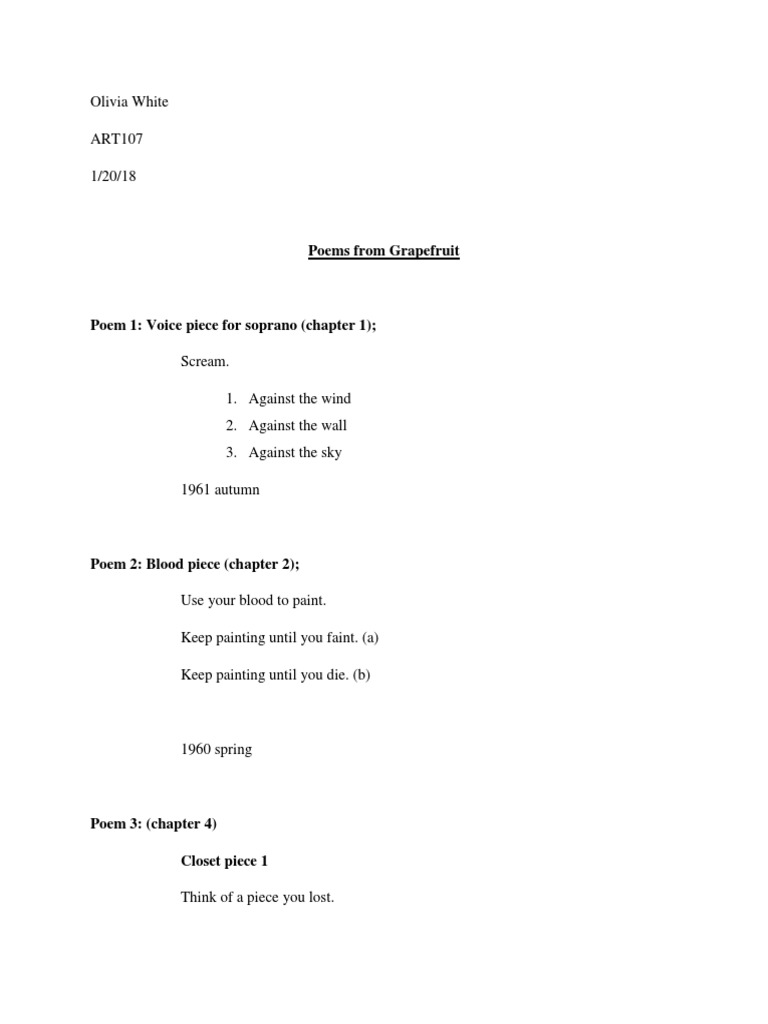 Olivia White ART107 1/20/18: Poems From Grapefruit | PDF