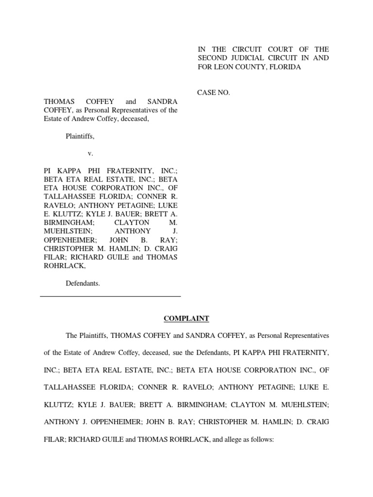 FSU Fraternity Hazing Death Case Complaint | PDF | Negligence ...