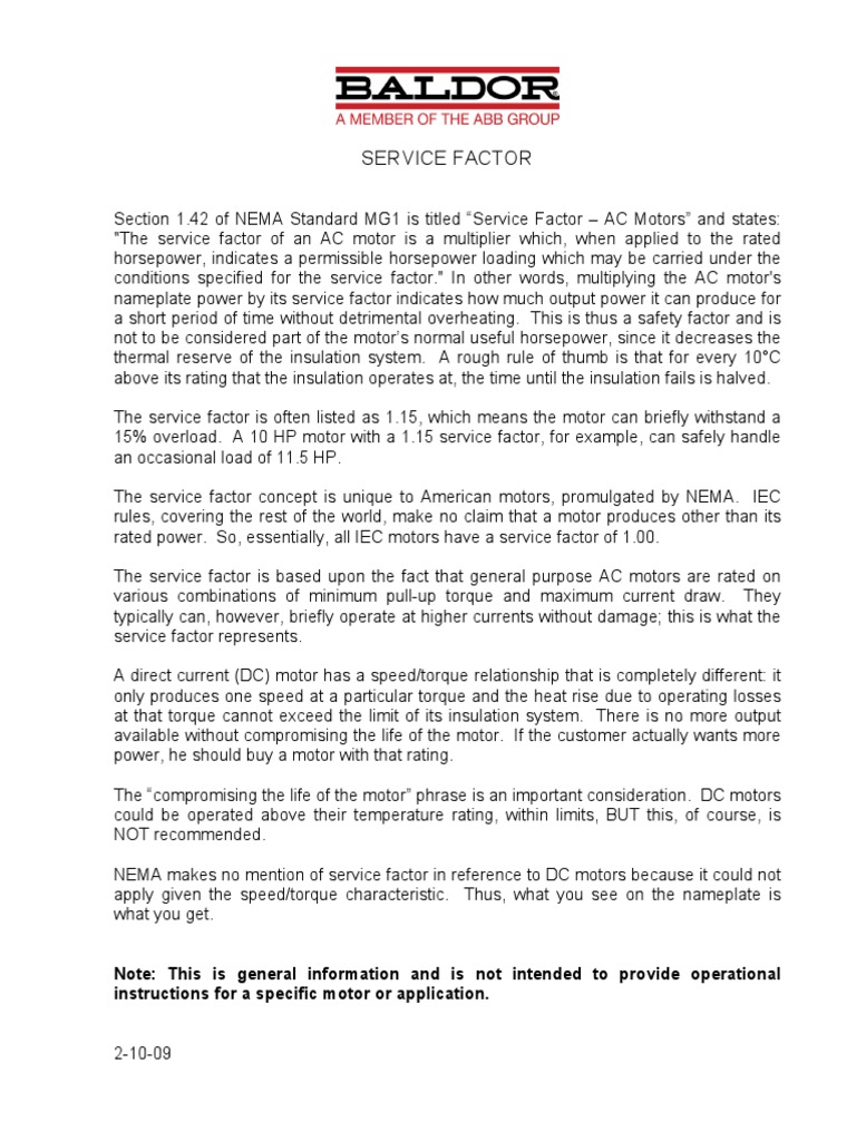 Service Factors Baldor | PDF | Electric Motor | Horsepower