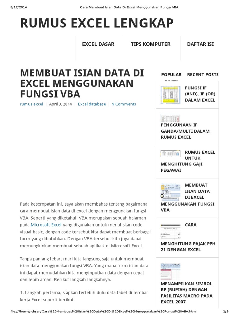 Cara Membuat Isian Data Di Excel Menggunakan Fungsi VBA PDF | PDF