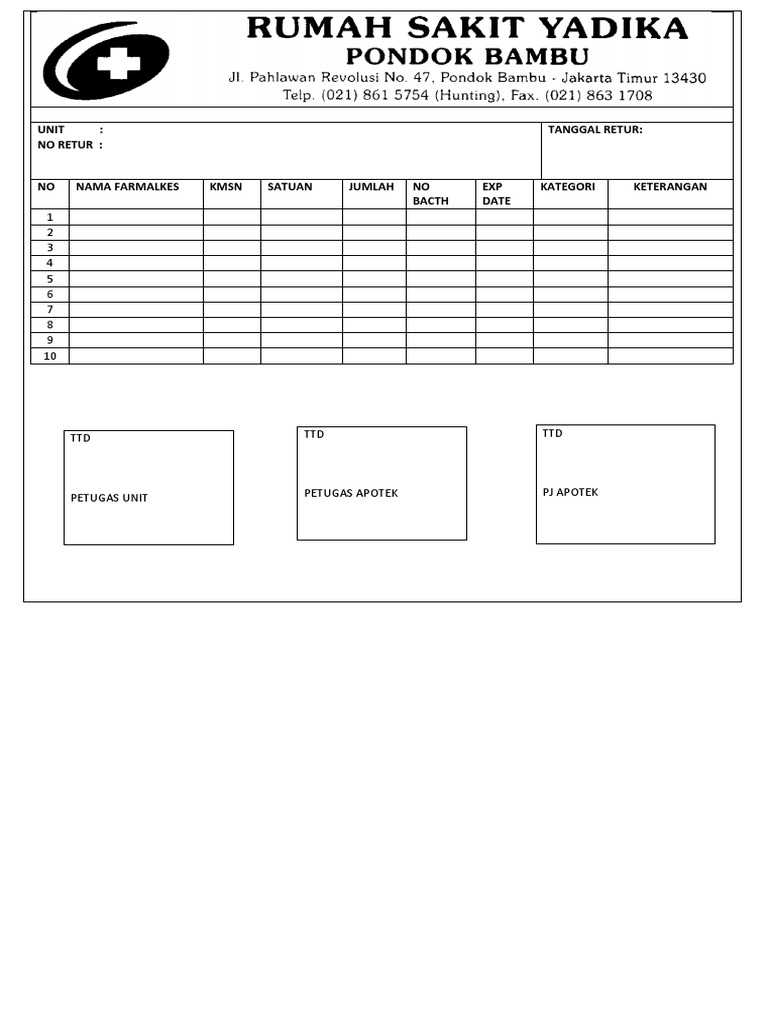 Form Retur Obat Dari Unit Ke IFRS RS YADIKA PONDOK BAMBU | PDF