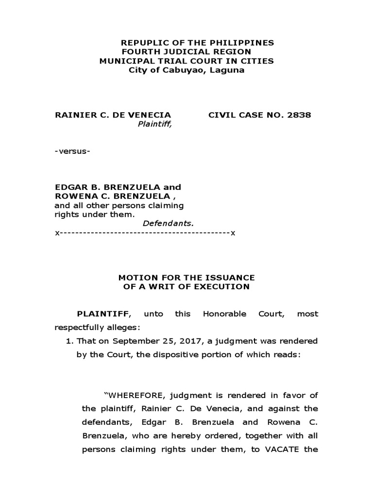 Motion For Writ of Execution - Ejectment - Rainier de Venecia | PDF | Judgment (Law ...