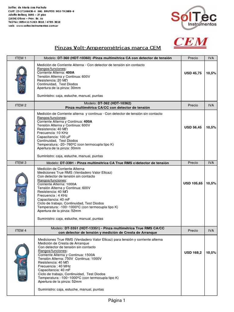 Pinzas Volt-Amperométricas CEM - USD | PDF | Tarjeta de débito ...