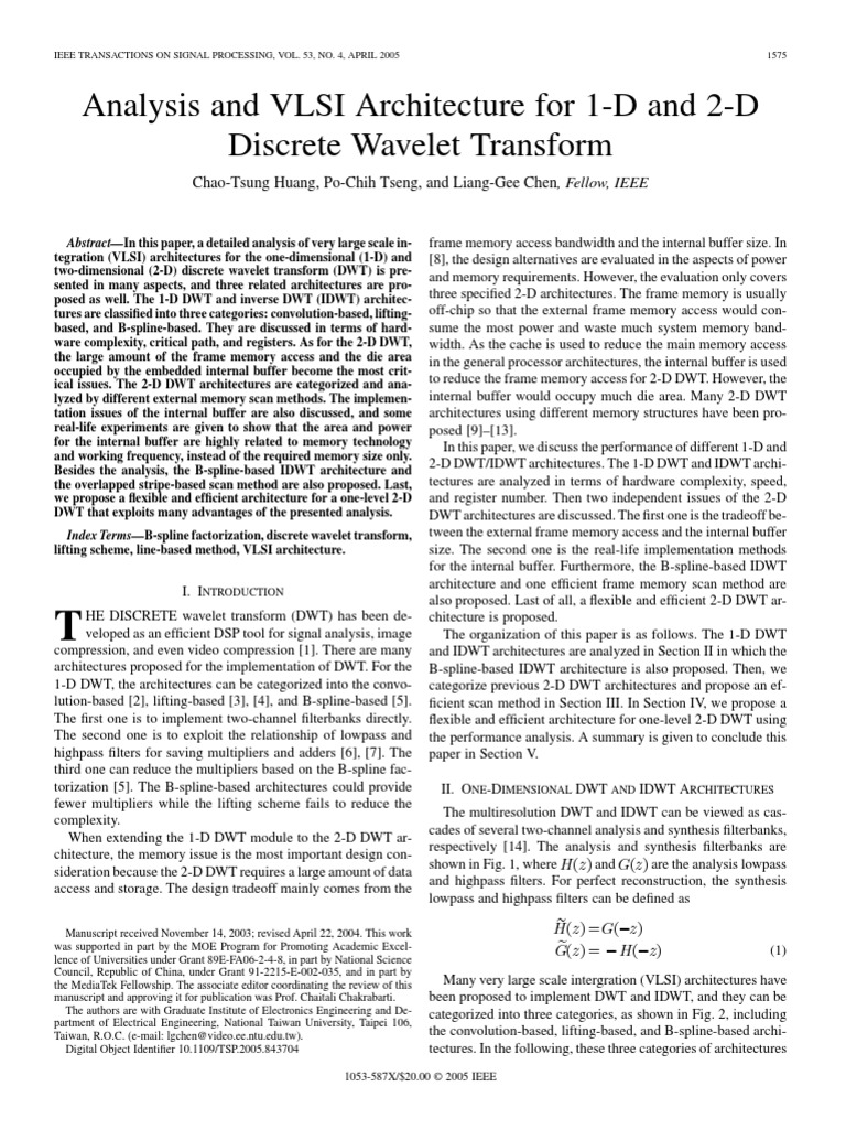 Analysis and VLSI Architecture For 1-D and 2-D Discrete Wavelet Transform | PDF | Digital Signal ...