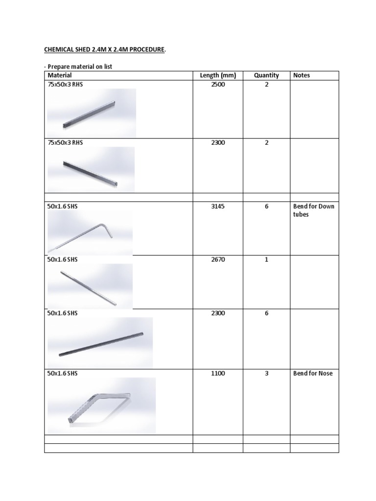Prepare Material On List 75x50x3 RHS 2500 2: Chemical Shed 2.4M X 2.4M ...