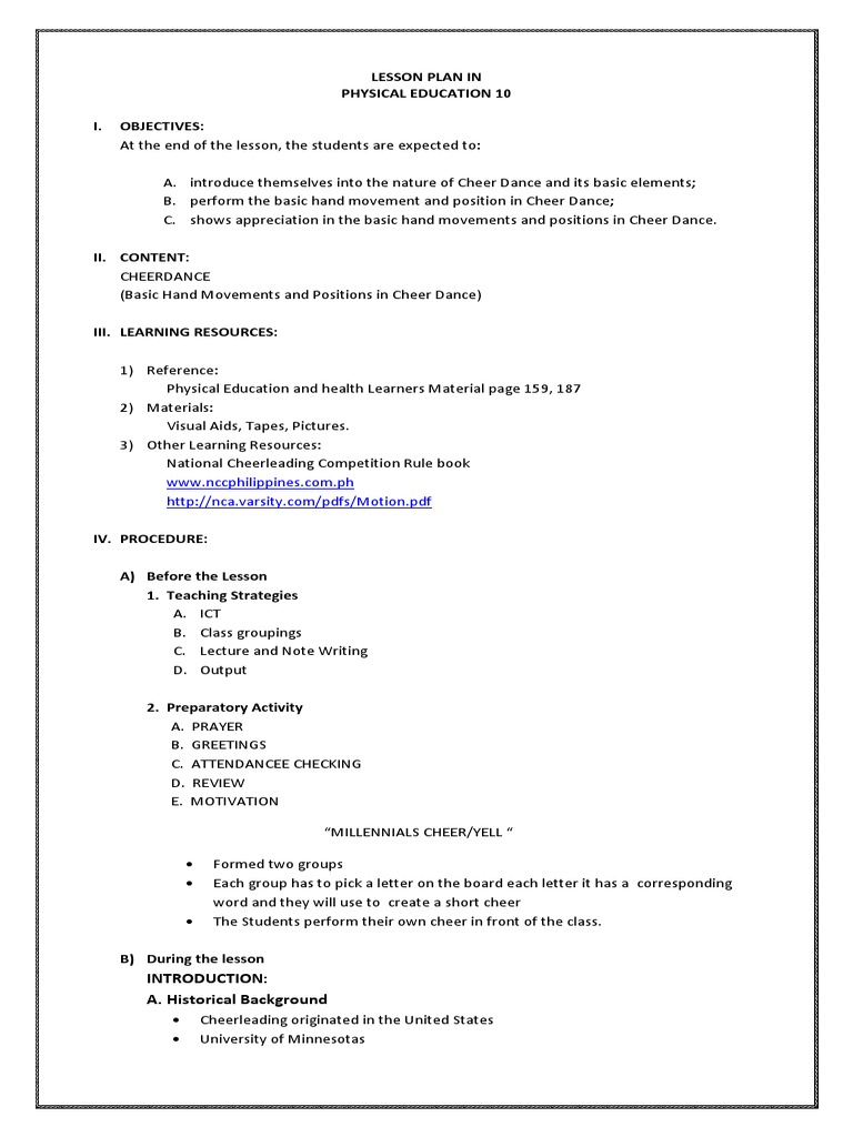 Grade 10 Cheer Dance Lesson Plan | PDF | Cheerleading | Lesson Plan