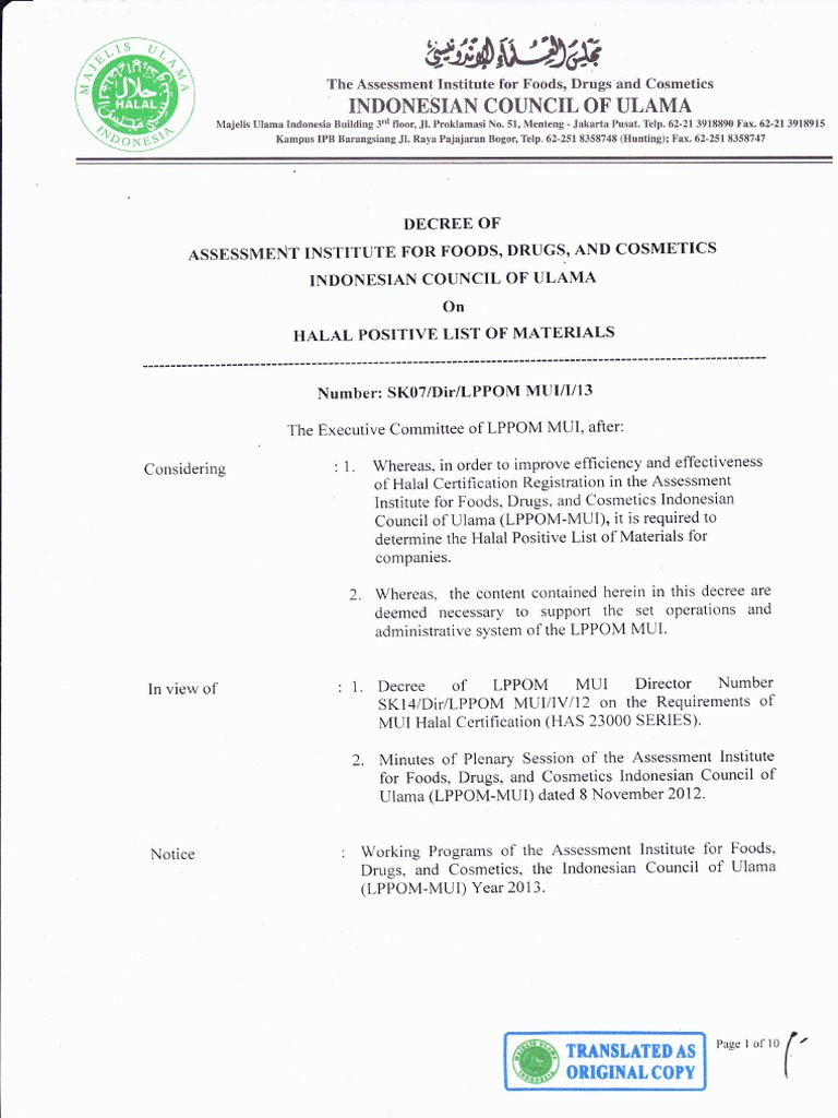 SK07.I.2013 Halal Positive List of Materials (English) | PDF ...