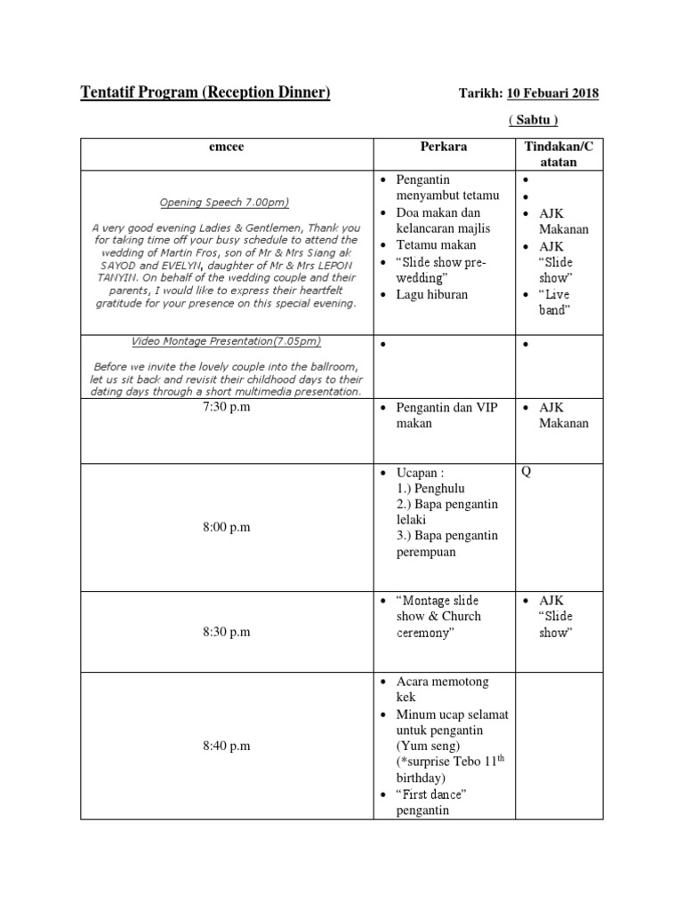 Tentatif Program Reception Dinner | PDF | Bride | Organized Events