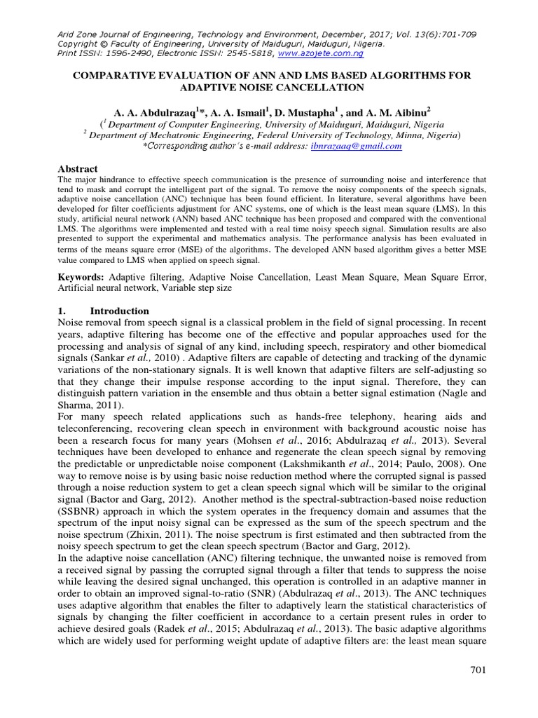 Comparative Evaluation of Ann and LMS Based Algorithms For Adaptive Noise Cancellation | PDF ...