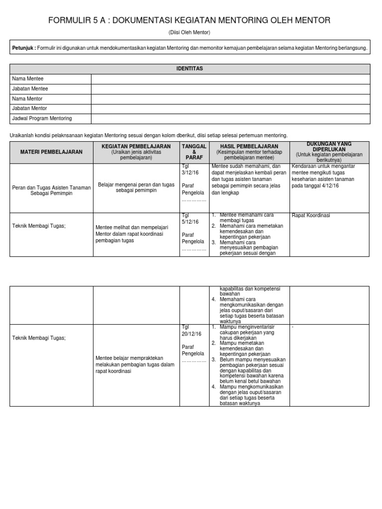 5 Contoh Isian Formulir 5 Dokumentasi Kegiatan Mentoring | PDF