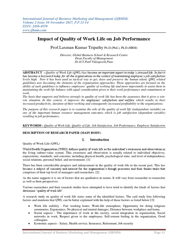 Impact of Quality of Work Life on Job Performance | Job Satisfaction ...