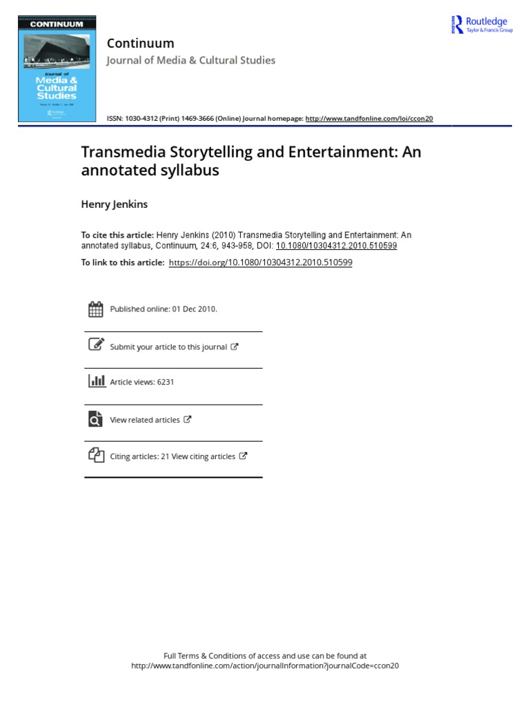 Transmedia Storytelling Syllabus | PDF