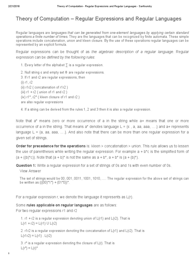Theory of Computation - Regular Expressions and Regular Languages - Sanfoundry | PDF | Regular ...