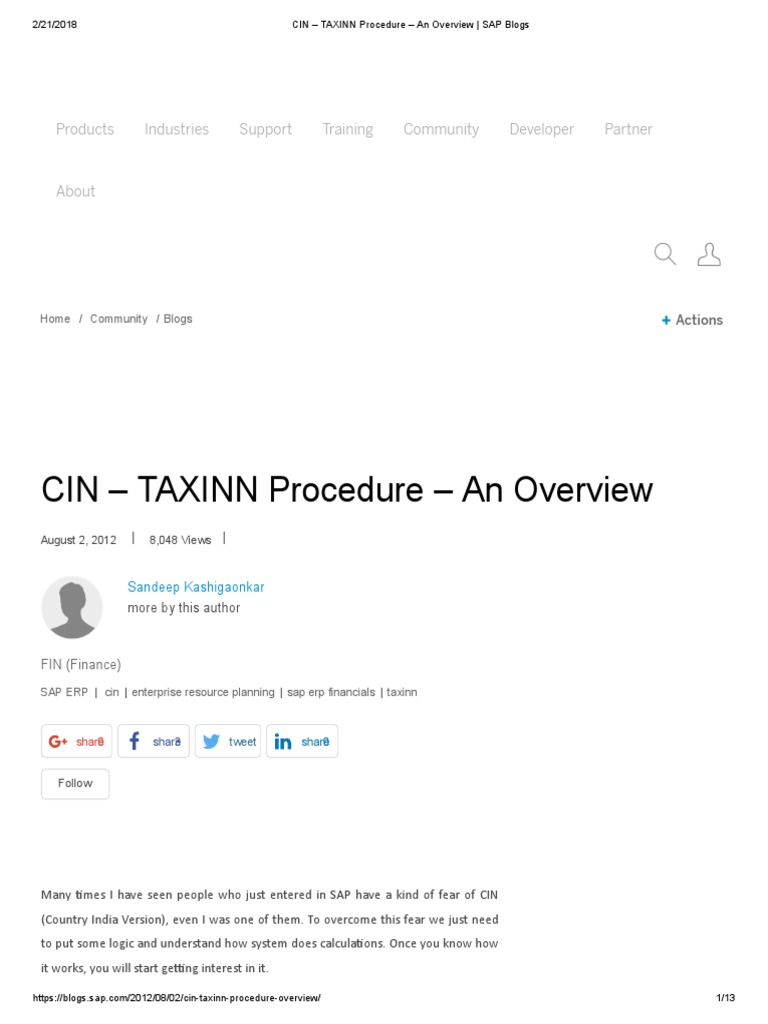 CIN - TAXINN Procedure - An Overview - SAP Blogs | PDF | Excise | Taxation