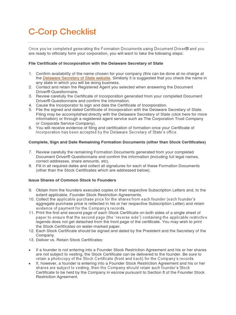 A Comprehensive 21-Step Checklist for Forming a C-Corporation and ...