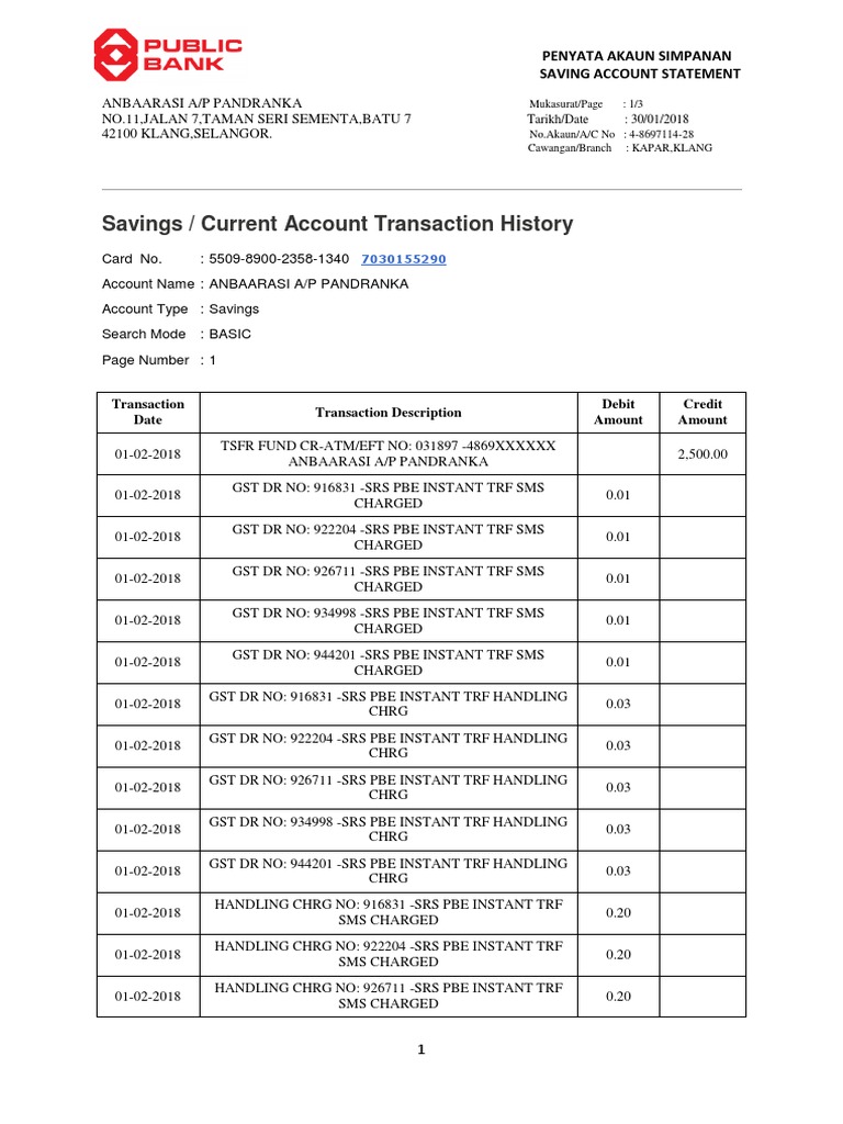 Savings / Current Account Transaction History: Penyata Akaun Simpanan ...